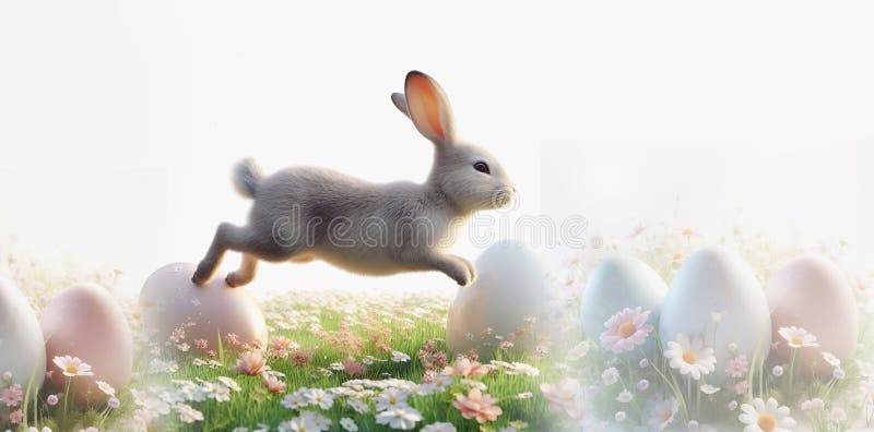 Easter Bunny and Easter Eggs on Spring Meadow with Flowers Stock ...