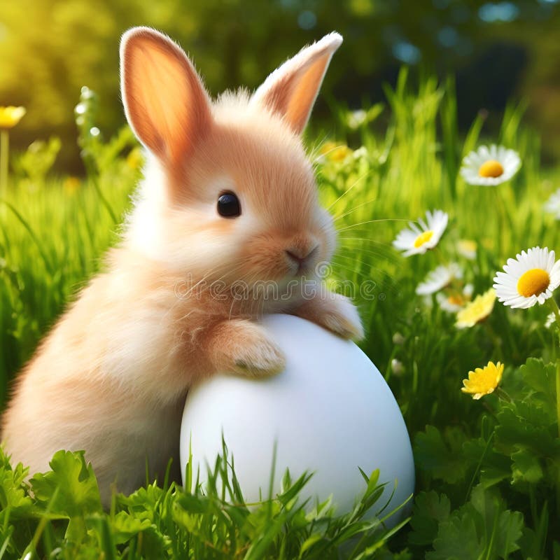 Easter Bunny Sitting in Egg on Grass with Daisies Stock Illustration ...