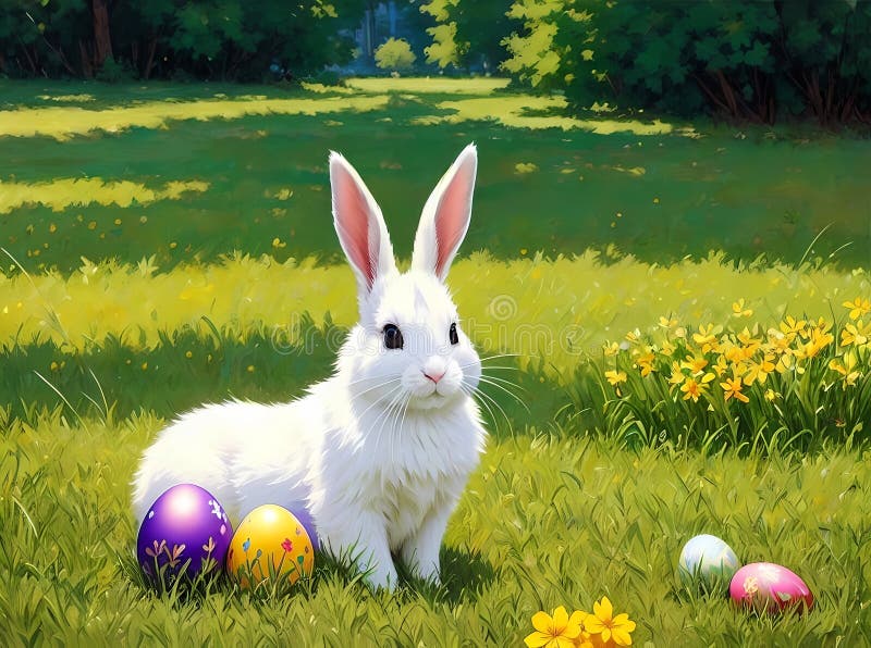 Cute Easter Bunny Sitting in a Meadow Next To Painted Eggs. Generative ...