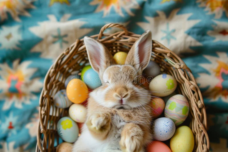 A Cute Easter Bunny Sleeping in a Basket of Easter Eggs Stock Photo ...