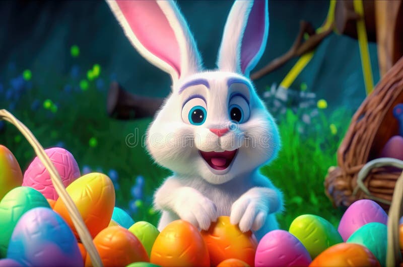 Cute Easter Bunny Smiling Surrounded by Easter Eggs, Cartoon Style ...
