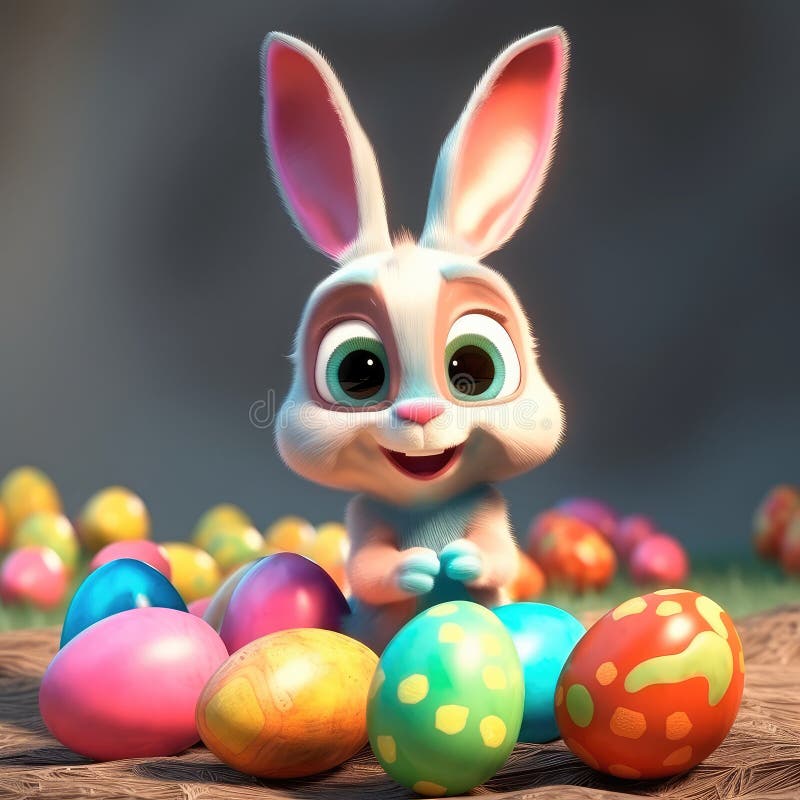 Cute Easter Bunny Smiling Surrounded by Easter Eggs, Cartoon Style ...