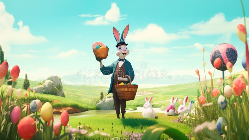 Cute Easter Bunny Smiling Surrounded by Easter Eggs, Cartoon Style ...