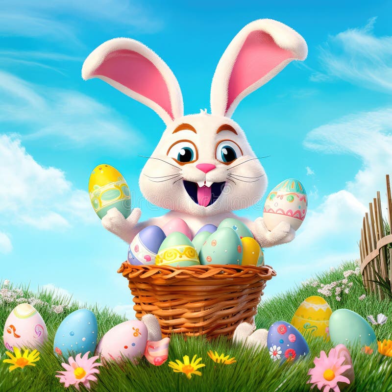 Cute Easter Bunny Smiling Surrounded by Easter Eggs, Cartoon Style ...