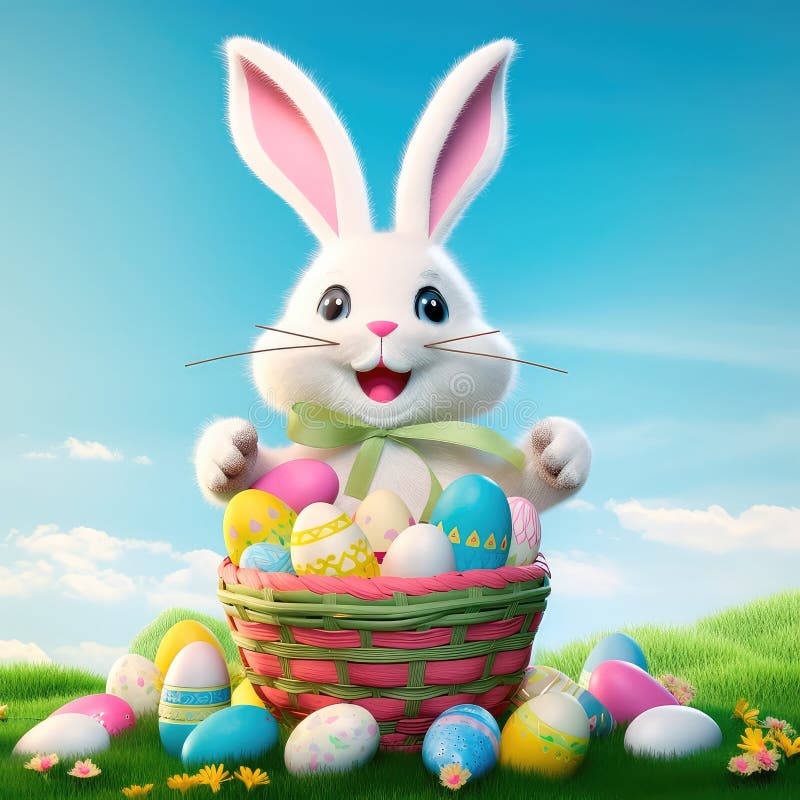 Cute Easter Bunny Smiling Surrounded by Easter Eggs, Cartoon Style ...