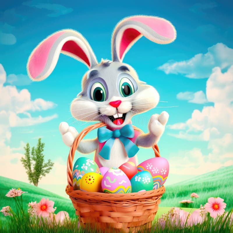 Cute Easter Bunny Smiling Surrounded By Easter Eggs Cartoon Style