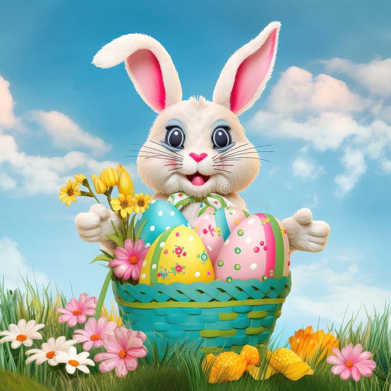 Cute Easter Bunny Smiling Surrounded by Easter Eggs, Cartoon Style ...