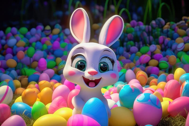 Cute Easter Bunny Smiling Surrounded by Easter Eggs, Cartoon Style ...