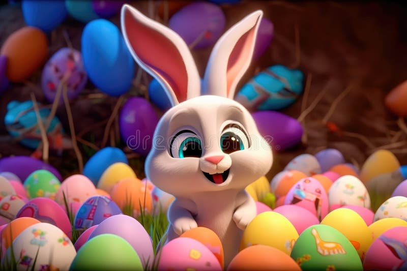 Cute Easter Bunny Smiling Surrounded by Easter Eggs, Cartoon Style ...