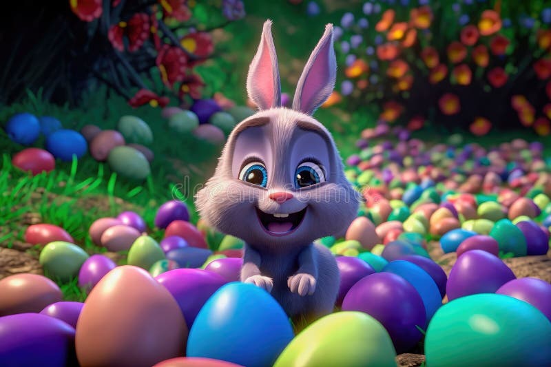 Cute Easter Bunny Smiling Surrounded by Easter Eggs, Cartoon Style ...