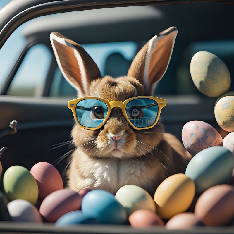 Cute Easter Bunny with Sunglasses Looking Out of a Car Filed with ...