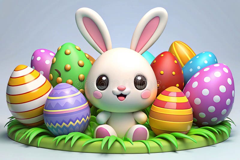 Cute Easter Bunny Surrounded by Colorful Eggs Stock Illustration - Illustration of springtime ...