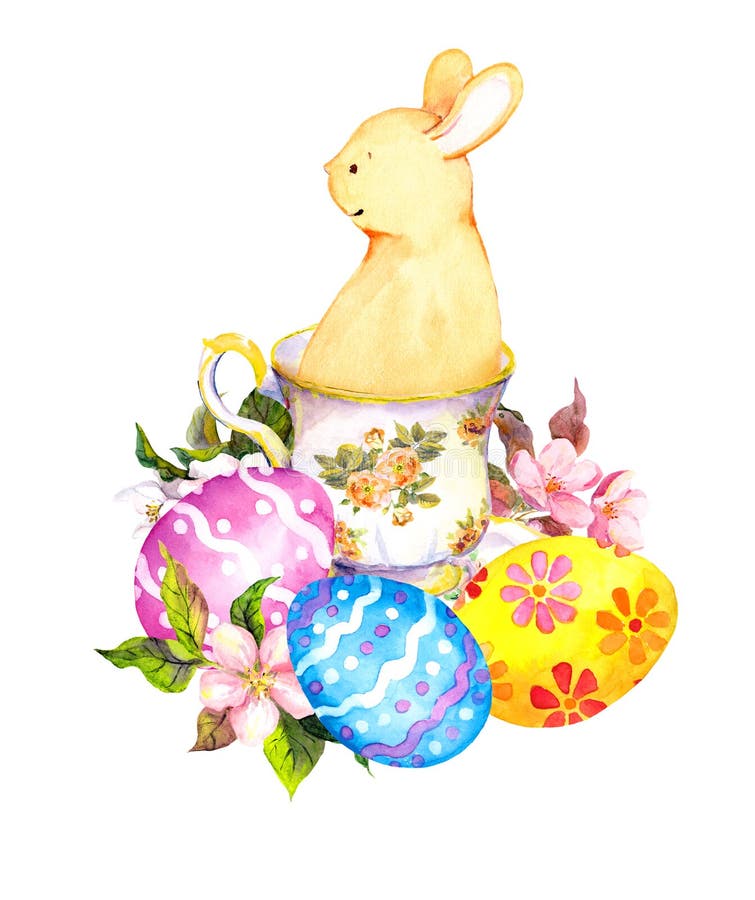 Cute Easter Bunny in Tea Cup, with Colored Eggs, Flowers. Watercolor ...