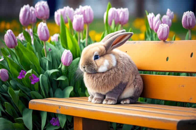 Cute Easter Bunny with Tulips Sitting on Bench Stock Illustration ...