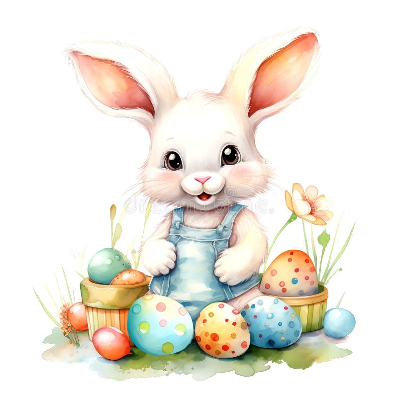 Cute Cartoon Easter Bunny on White Background. AI Stock Illustration ...