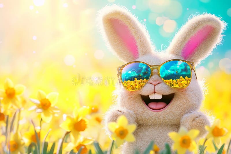 Cute Easter Bunny Wearing Sunglasses Enjoys Springtime in a Field of ...