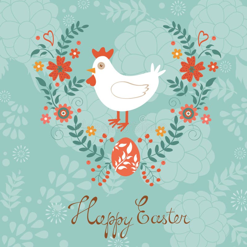 Cute Easter Card with Chicken in Floral Wreath Stock Vector ...