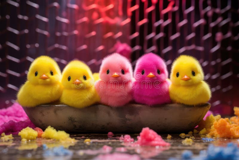 Cute Easter Card with Colorful Chicks on the Table Stock Illustration ...