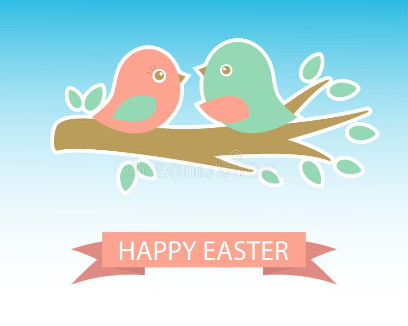 Cute Easter Card with Two Birds on the Cherry Tree Stock Illustration ...