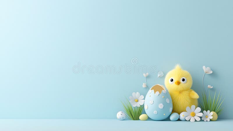 Cute Easter Chick with Decorated Egg and Spring Flowers on Blue ...