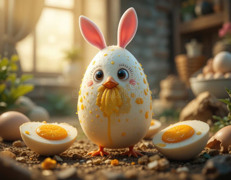 Cute Easter Chick Egg with Bunny Ears and Broken Shell Stock ...