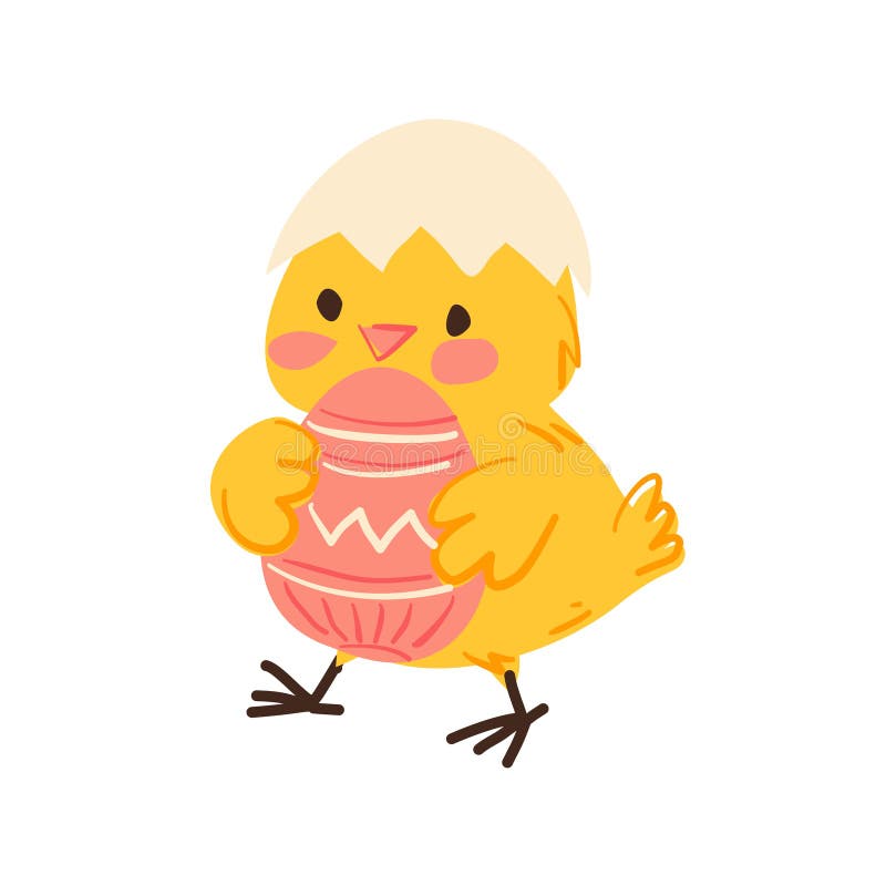 Cute Easter Chicken Holding Pink Decorated Egg. Vector Hand-drawn ...