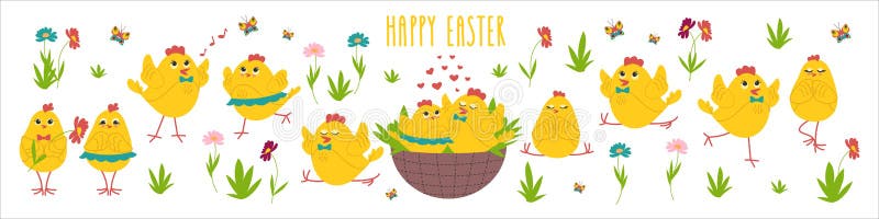 Cute Easter Chickens Set, Yellow Chickens in Different Poses, a Couple ...