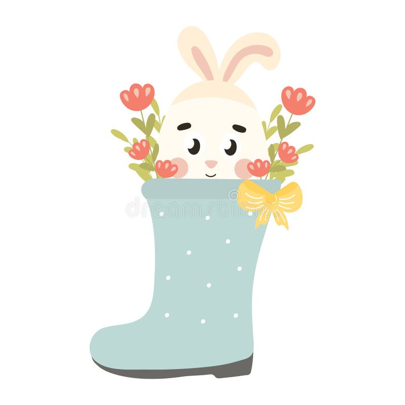Cute Easter Egg Character with Bunny Ears Sitting in Rubber Boot with ...