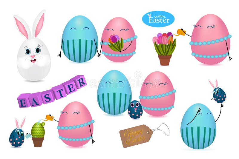 Cute Easter Egg Character Set with Bunny and Festive Elements Stock ...