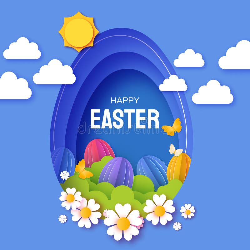 Cute Easter Egg Hunt with Colored Paper Craft Eggs. Spring Scene for ...