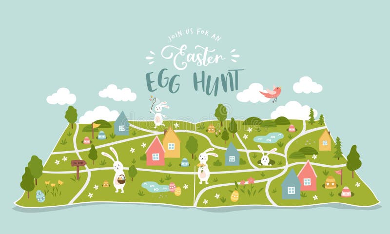 Cute Easter Egg Hunt Design, Map for Children, Hand Drawn with Cute ...