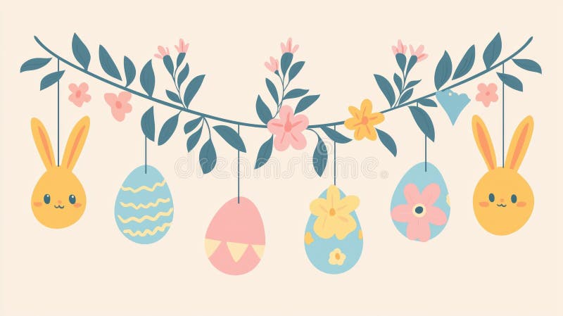 Cute Easter Garland with Pastel Eggs, Floral Patterns, and Smiling ...
