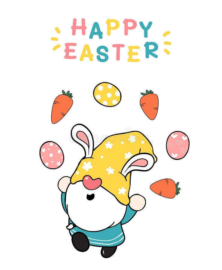 Cute Easter Gnome Bunny Ears Cartoon Doing Easter Eggs Juggling, Happy ...