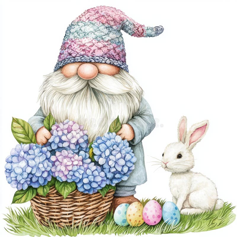 Cute Easter Gnome in a Knitted Hat Sits on the Grass and Holds ...