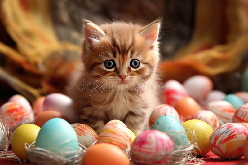 Cute Easter Kitten Playfully Poses with Vibrant Colorful Eggs - Ideal ...