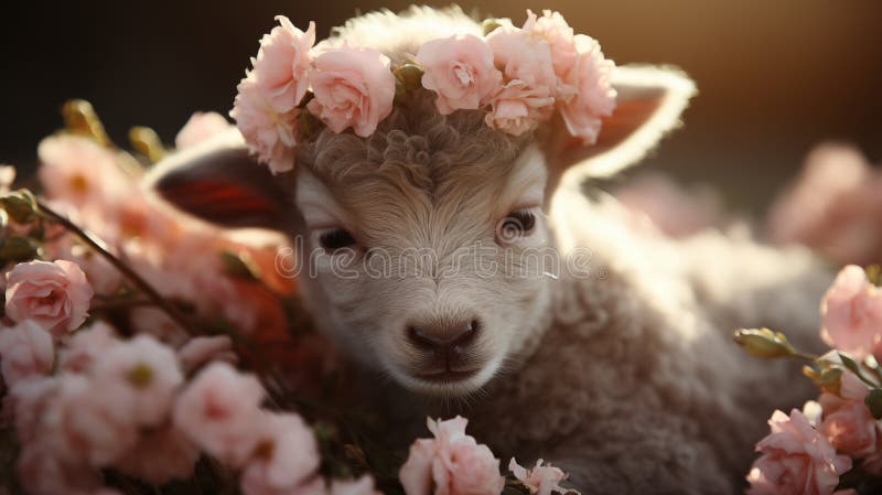 Cute Easter Lamb Pink Roses Crown Ai Generated Background Image Stock ...