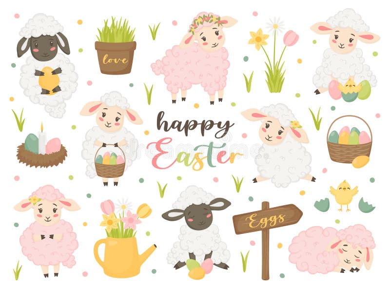 Cute Easter Lambs Collection with Spring Elements. Stock Illustration ...