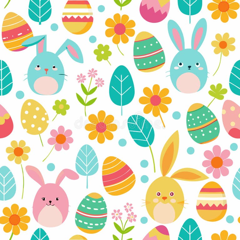 Cute Easter Pattern with Bunnies, Eggs, Flowers, and Leaves Stock Photo ...