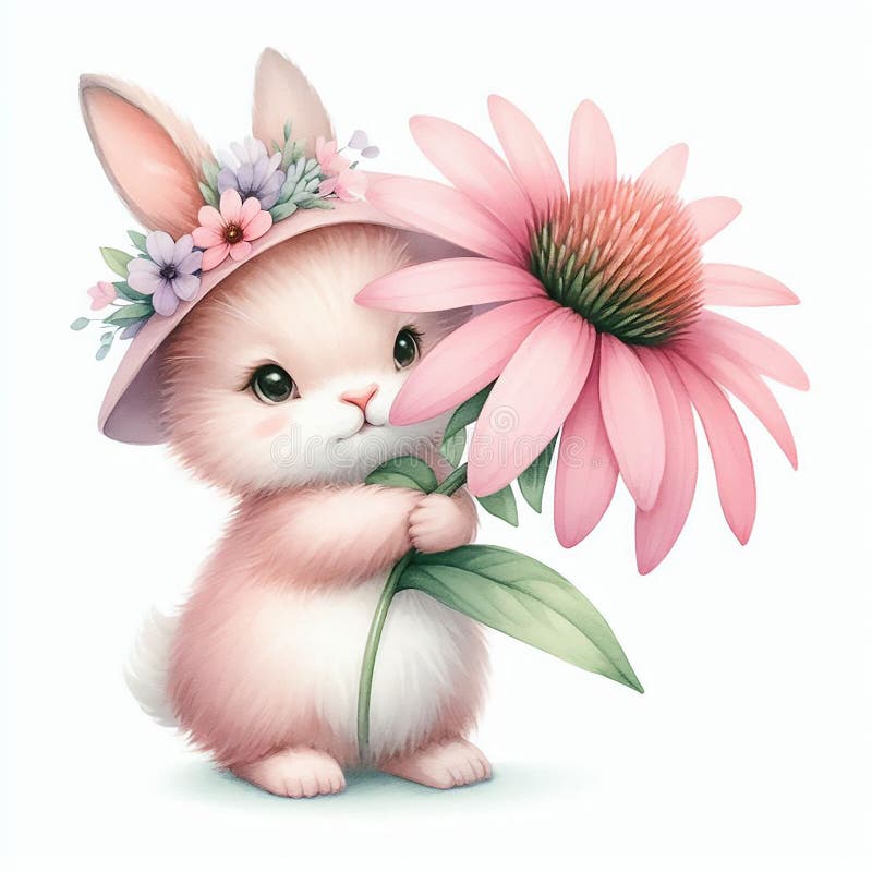 Cute Easter Pink Bunny. Oversized Pink Flower. Watercolor Illustration ...