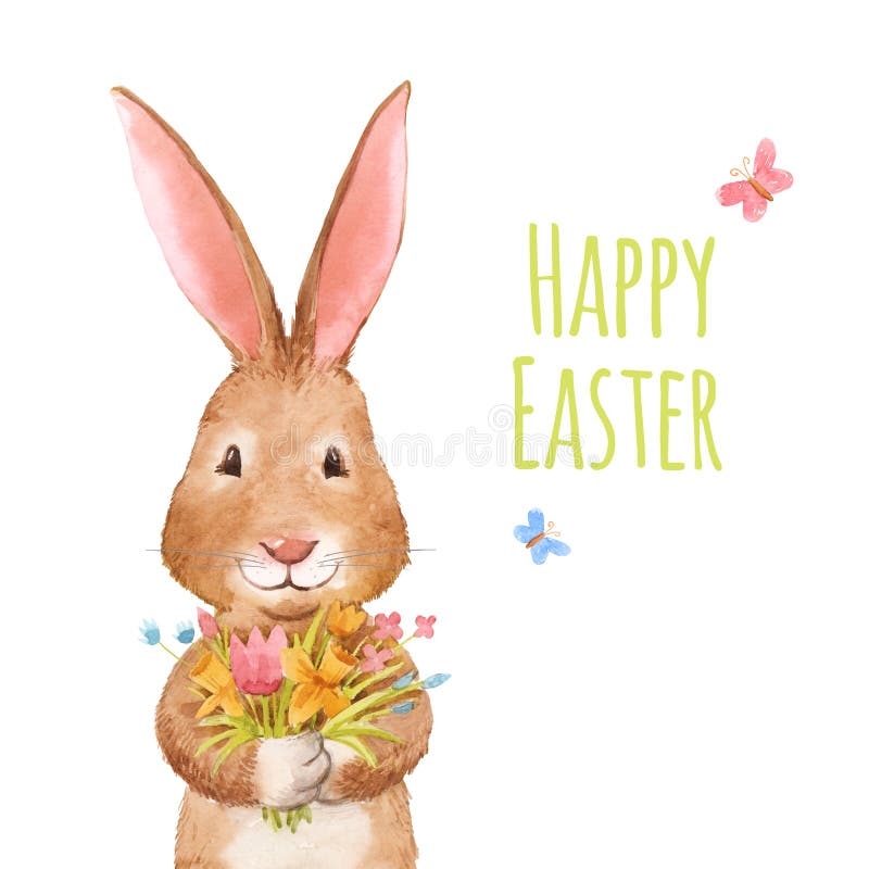 Easter Card with White Cute Funny Smiling Rabbit. Easter Bunny Wishing ...