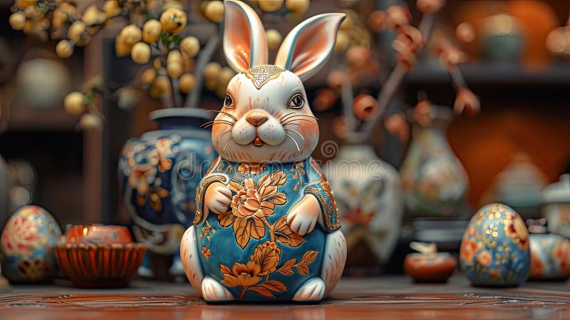 Cute Easter Rabbit or Bunny in Chinese Style with Easter Eggs and ...