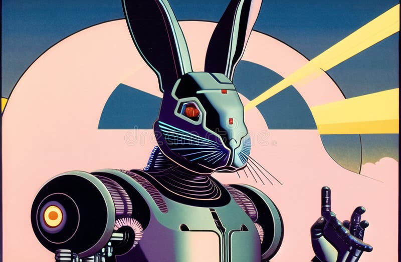 Easter Rabbit Robot Flyer in Nature Landscape. Modern Easter Theme ...