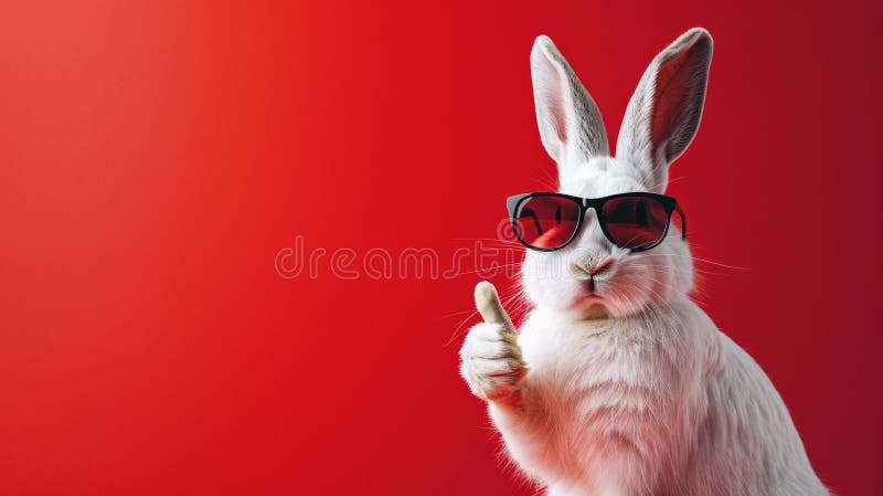 Cute Easter Rabbit with Sunglasses, Giving Thumb Up, Isolated on Red ...