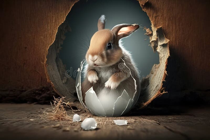 Cute Easter Realistic Bunny Rabbit Inside a Cracked Egg. Happy Easter ...
