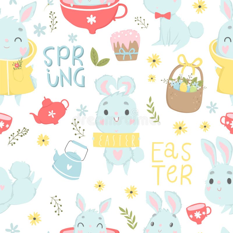 Set of Easter and Spring Logo with Cute Illustrations and Lettering ...