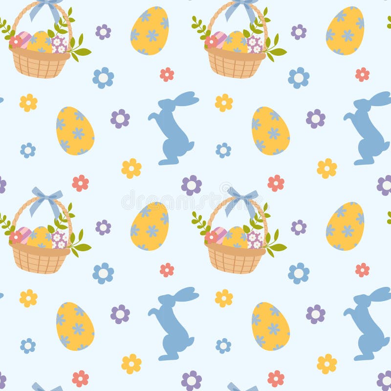 Cute Easter Seamless Pattern with Easter Eggs, Baskets, Bunnies and Flowers Stock Vector ...