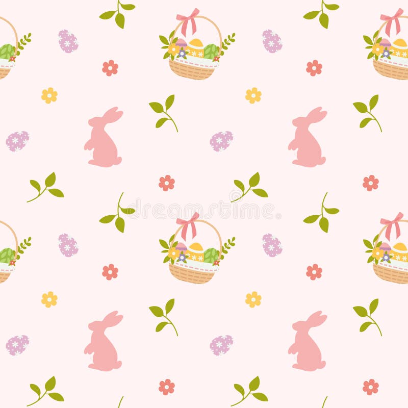 Cute Easter Seamless Pattern with Easter Eggs, Baskets, Bunnies and Flowers Stock Illustration ...