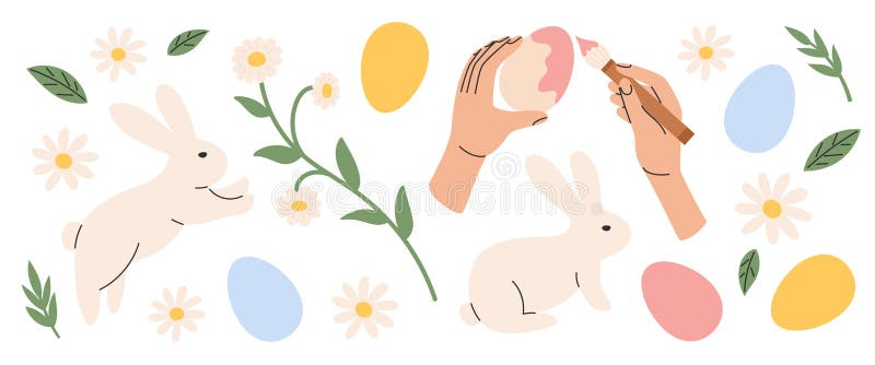Cute Easter Set. Spring Collection with Rabbits, Flowers, Eggs. Vector ...