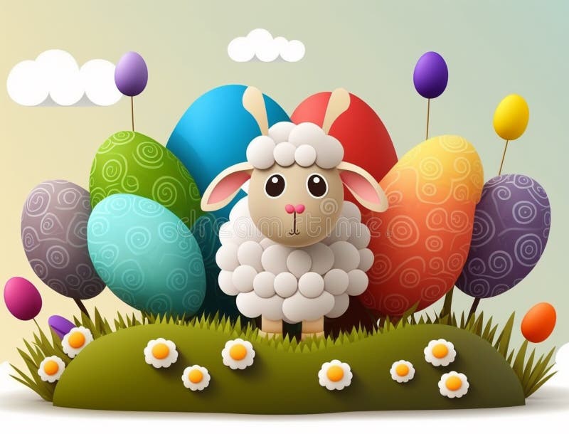 Cute Easter Sheep with Big Easter Eggs Stock Illustration ...