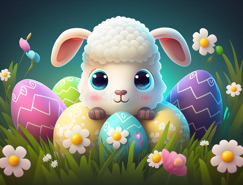 Cute Easter Sheep with Colorful Easter Eggs in the Grass and Flowers ...